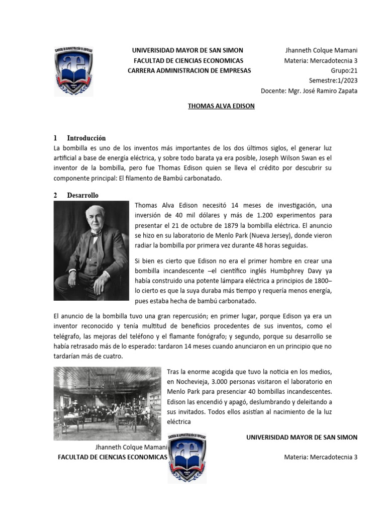 Thomas Alva Edison | PDF | Bombilla incandescente | Thomas Edison