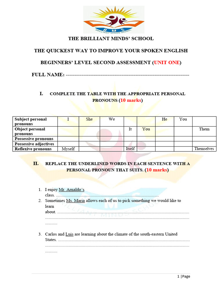 Beginners' First Assessment Serie B | PDF | Pronoun | Linguistic Typology