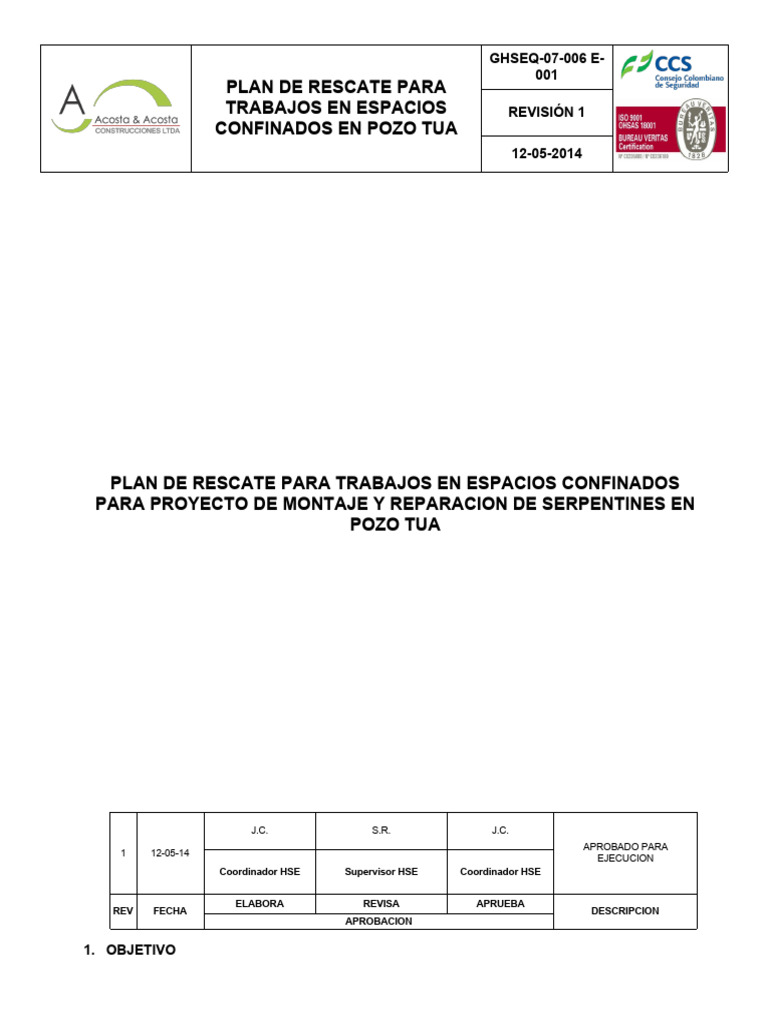 Ghseq-07-006-E001 Plan de Rescate para Trabajo en Espacios Confinados | PDF