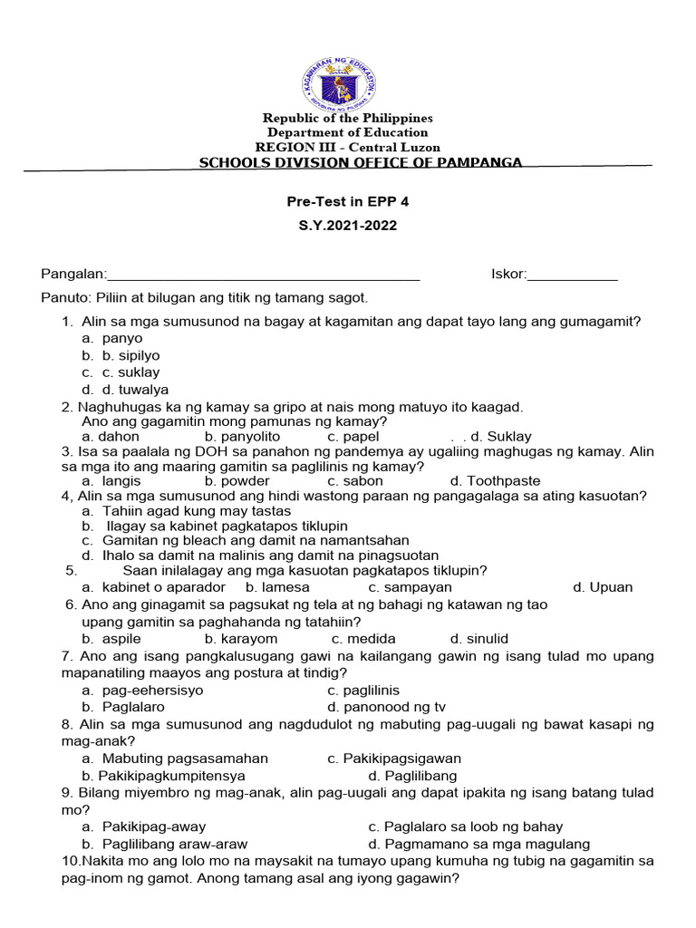 Pre Test In Epp 4 Pdf