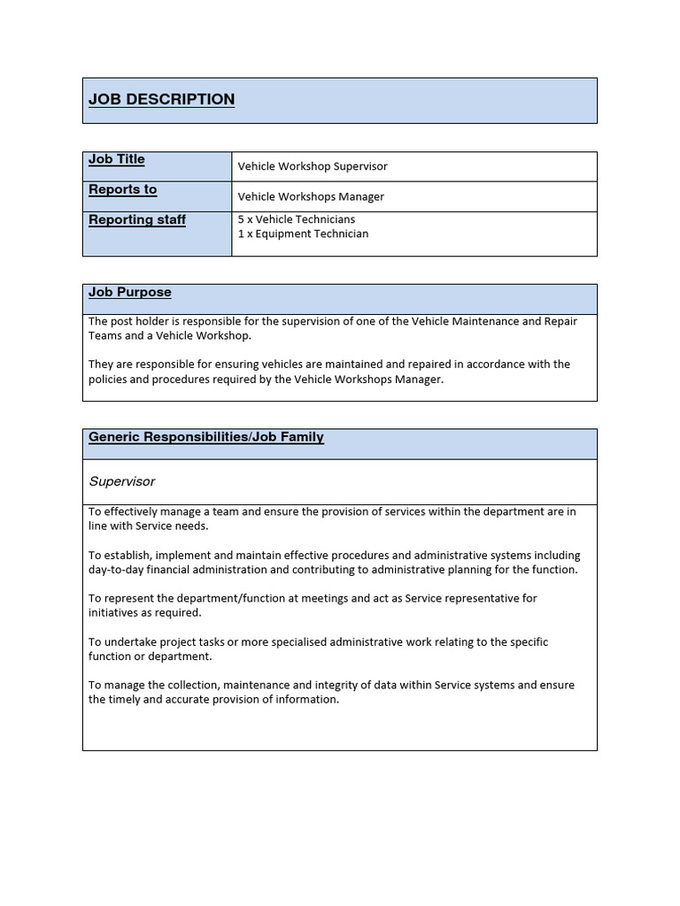 JD Vehicle Workshop Supervisor | PDF