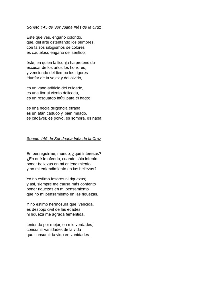 Sonetos 145, 146 y Redondillas. Sor Juana Inés de La Cruz. | PDF Sonetos 145, 146 y Redondillas. Sor Juana Inés de La Cruz. | PDF