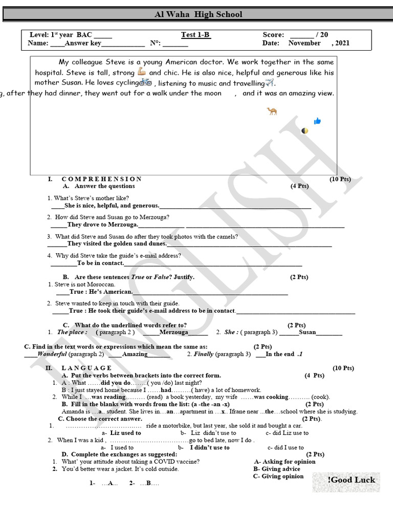 Gateway 1 Term 1 Test 1 B (Answer Key) | PDF | Linguistics