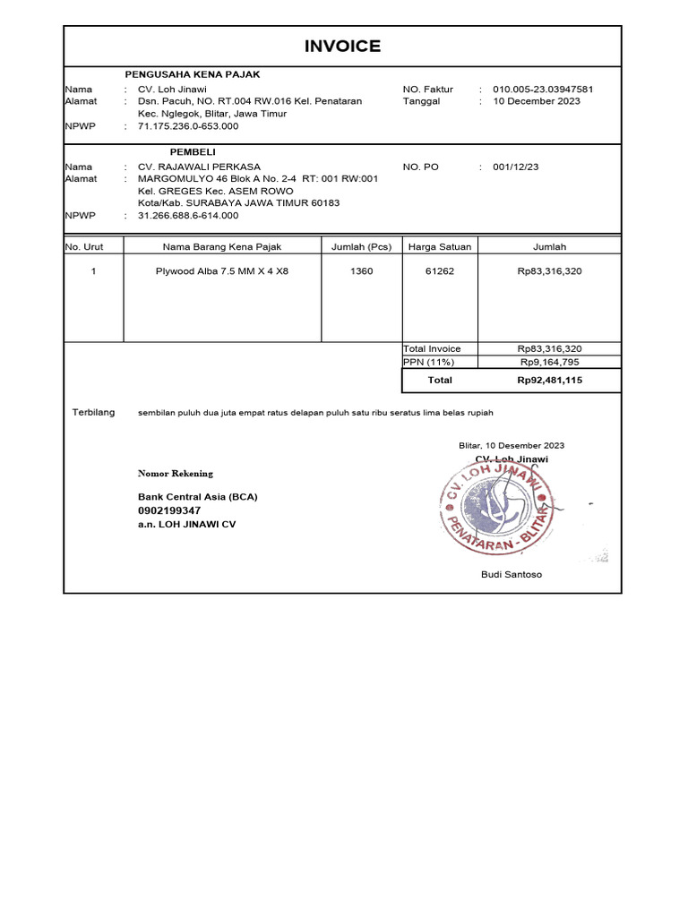 Invoice P Dodi 10 Desember | PDF