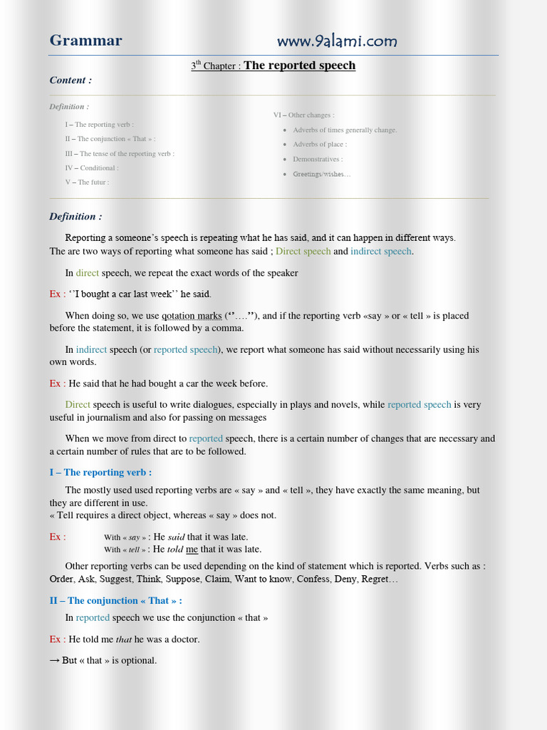 Grammar II Chapter 3 The Reported Speech | Download Free PDF | Linguistic Morphology | Linguistics