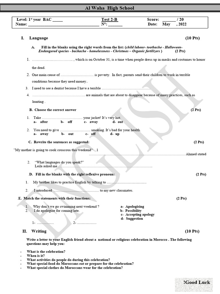 Gateway 1 Term 2 Test 2 B | PDF | Linguistics