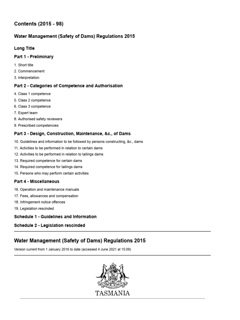 TAS - Water Management (Safety of Dams) Regulations 2015 | PDF ...