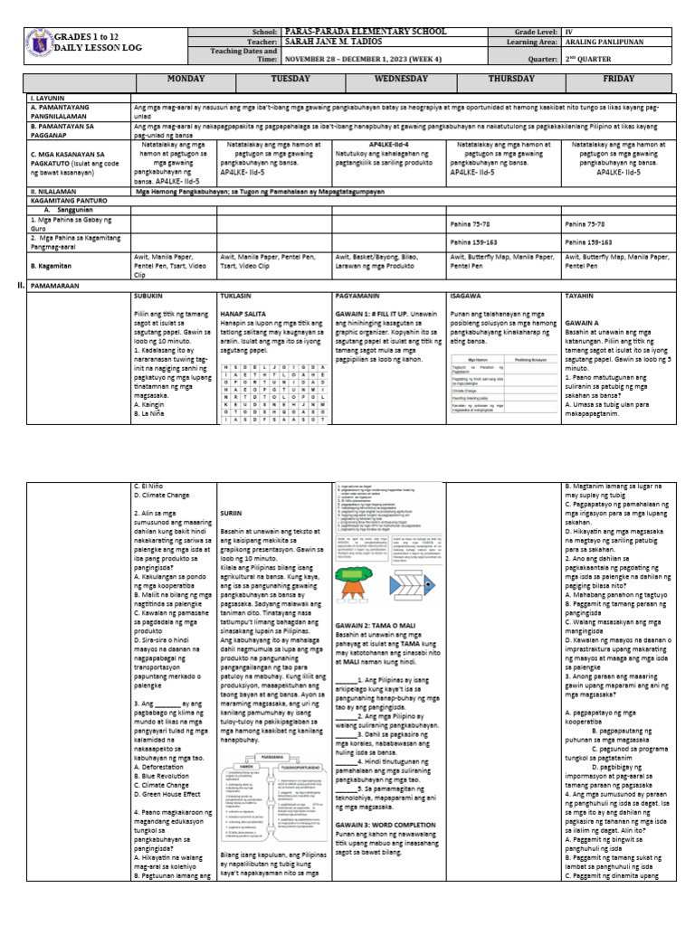 DLL - Araling Panlipunan 4 - Q2 - W4 | PDF