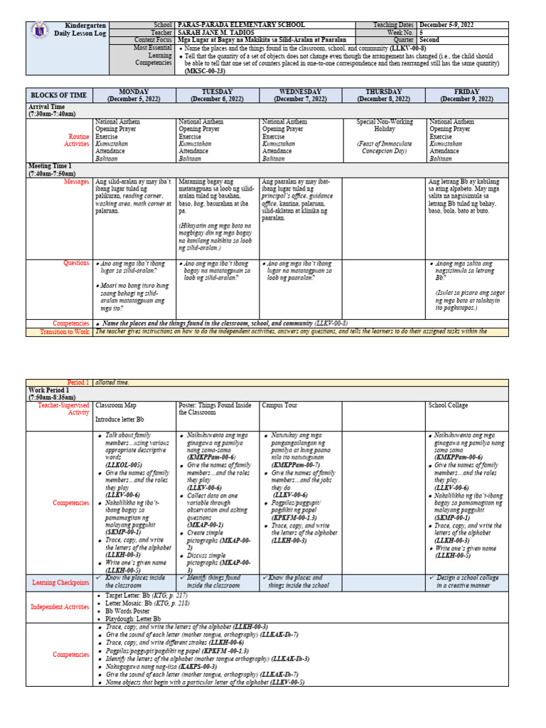Kindergarten-DLL-MELC-Q2-Week 5 Asf | PDF | Teachers | Learning