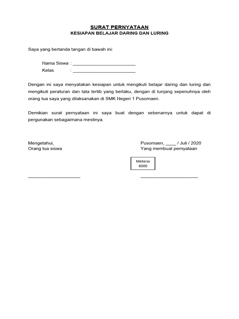 Surat Pernyataan Siswa KBM Daring Luring | PDF