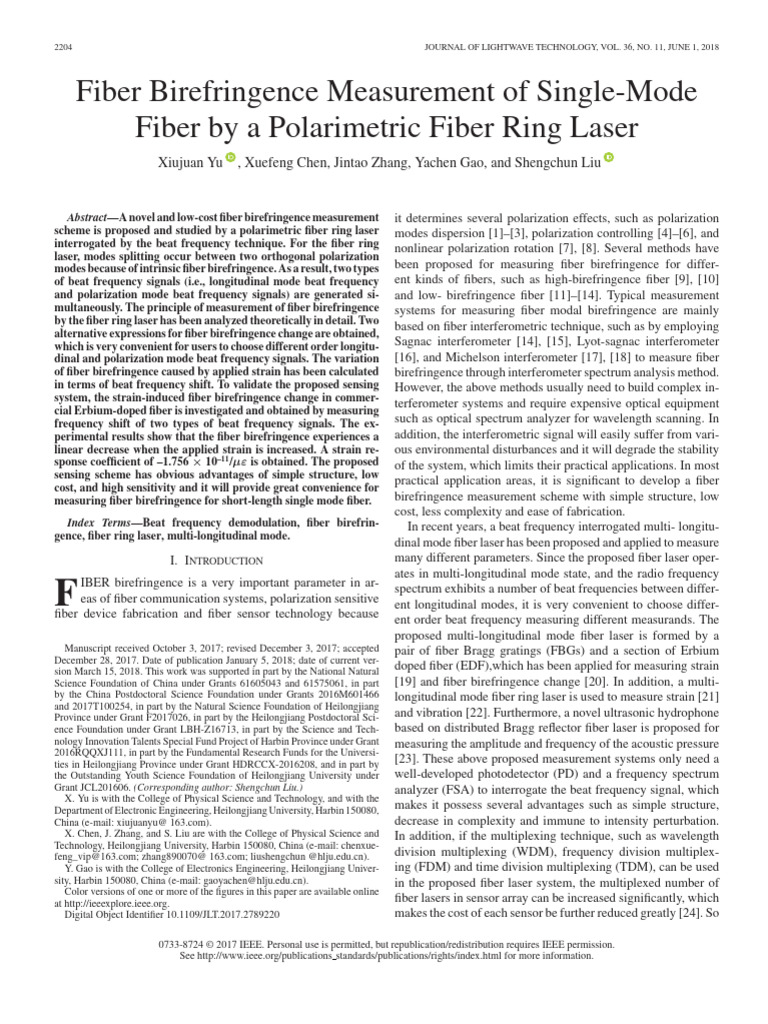 Yu Et Al. - 2018 - Fiber Birefringence Measurement of Single-Mode Fib PDF | PDF | Optical Fiber ...