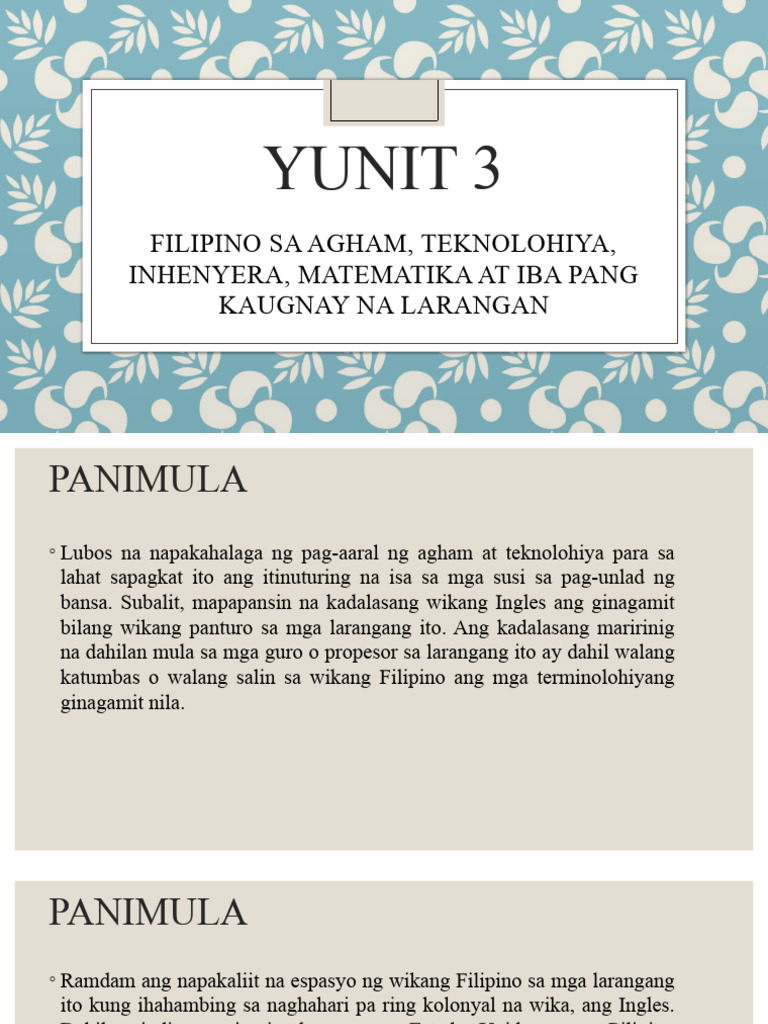 Yunit 3 Filipino Sa Agham Teknolohiya Inhenyera Matematika at Iba Pang ...