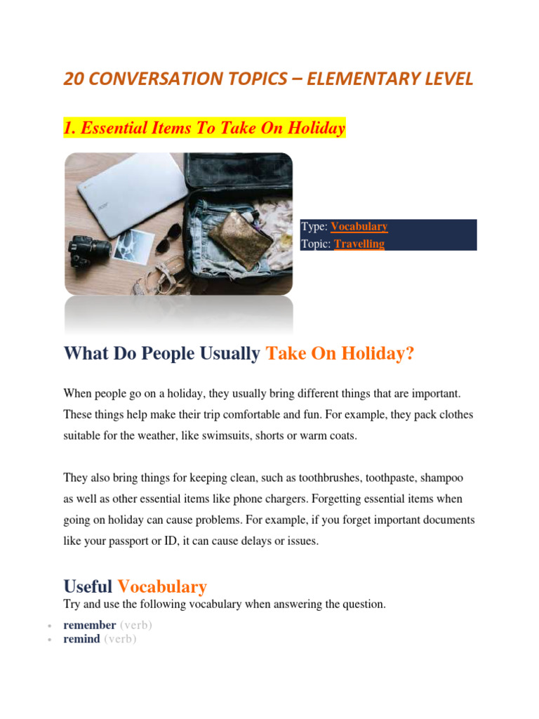 20 Conversation Topics - Elementary Level | PDF | Japanese Cuisine | Lunch