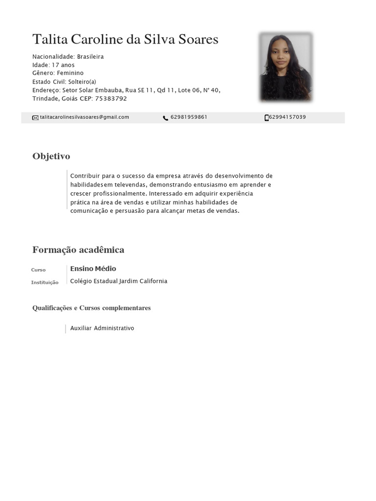 Talita Caroline da Silva Soares - Currículo (1) | PDF Talita Caroline da Silva Soares - Currículo (1) | PDF