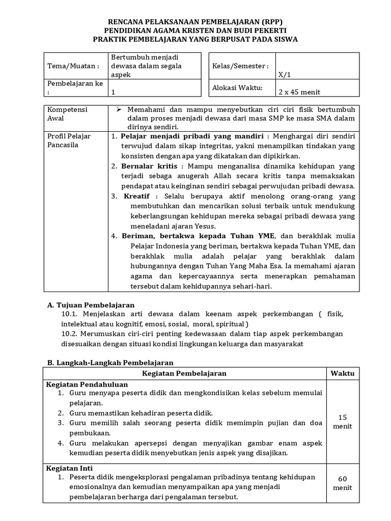 RPP Dan Perangkat Kelas X K13 PAK & BP | PDF