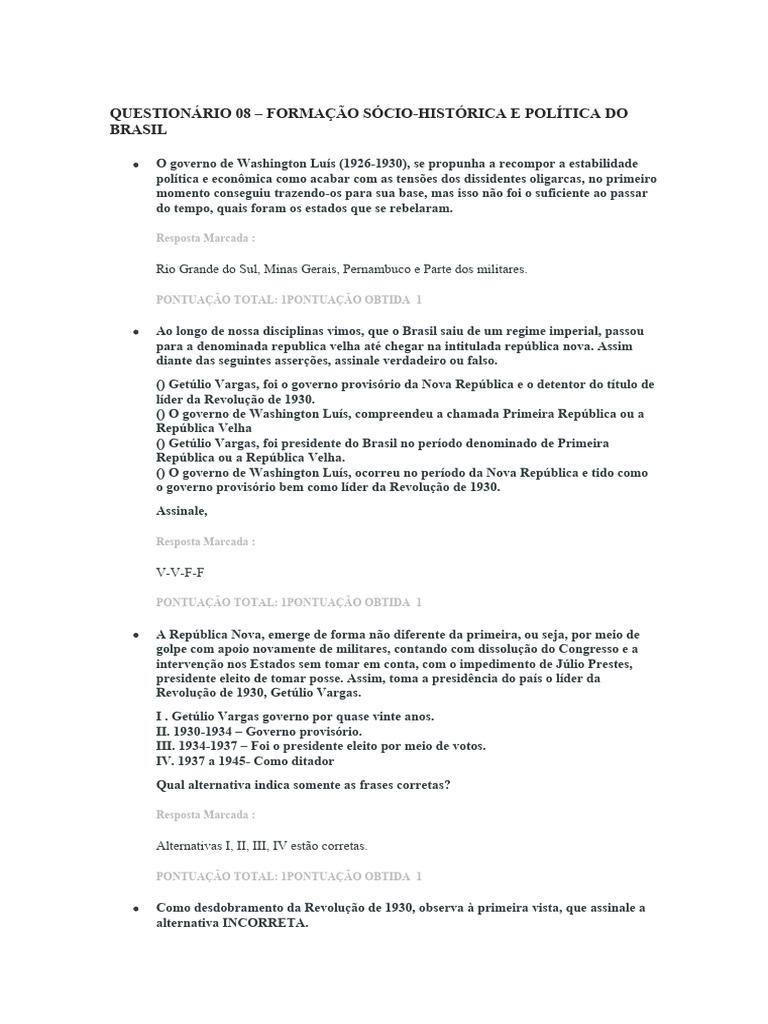 QUESTIONÁRIO 08 - Form. Soc. | Download grátis PDF | República | Brasil