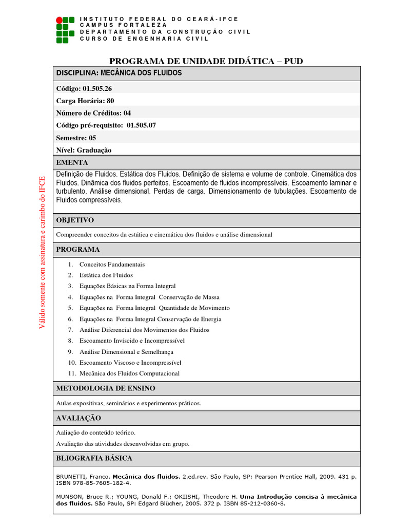 Ementa IF Fortaleza Eng Civil - Mecânica Dos Fluídos | PDF | Mecânica dos fluidos | Quantidades ...