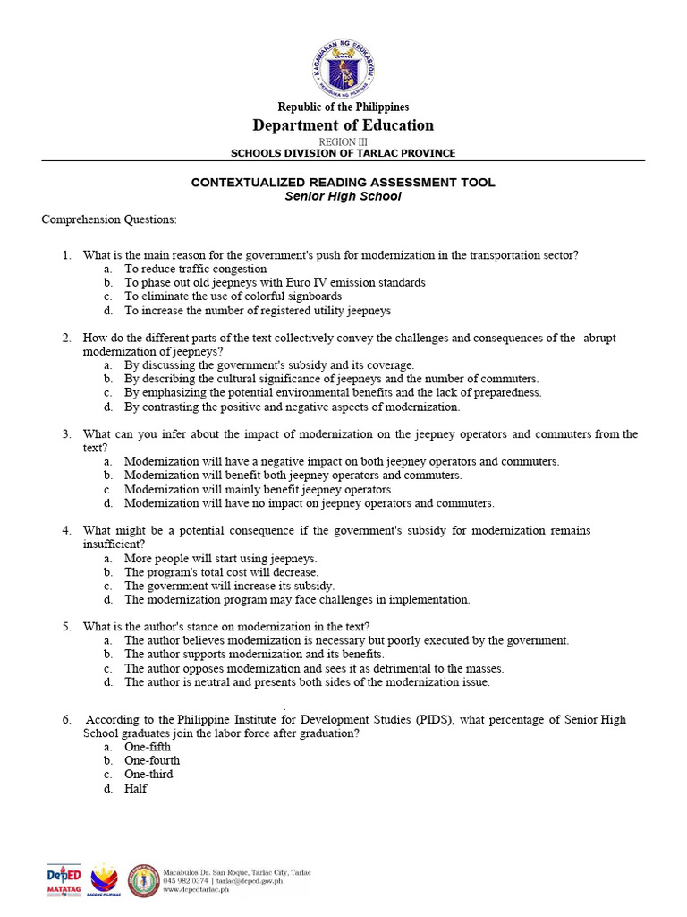 Shs. Contextualized Reading Assessment Tool 1 | PDF | Biometrics | Physical Fitness