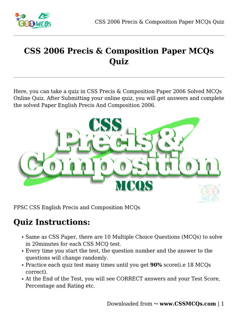 CSS 2006 Precis & Composition Paper MCQs Quiz | PDF | Multiple Choice | Educational Assessment ...