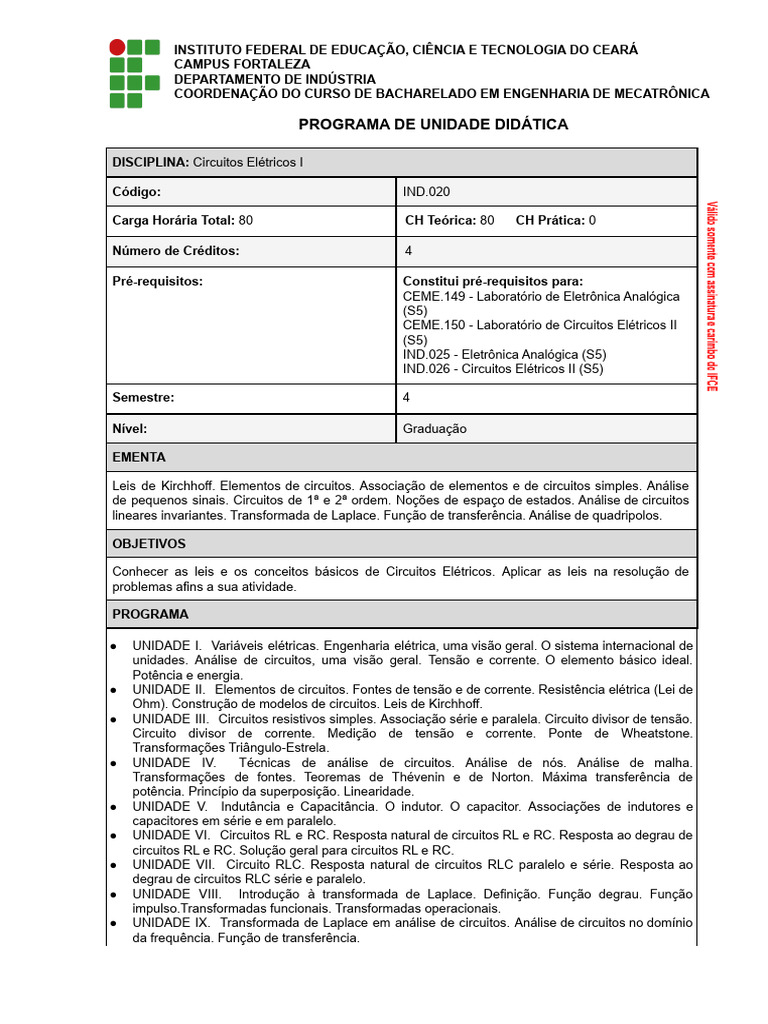 Circuitos Elétricos I: Ementa e Programa | PDF | Rede elétrica | Transformada de Laplace
