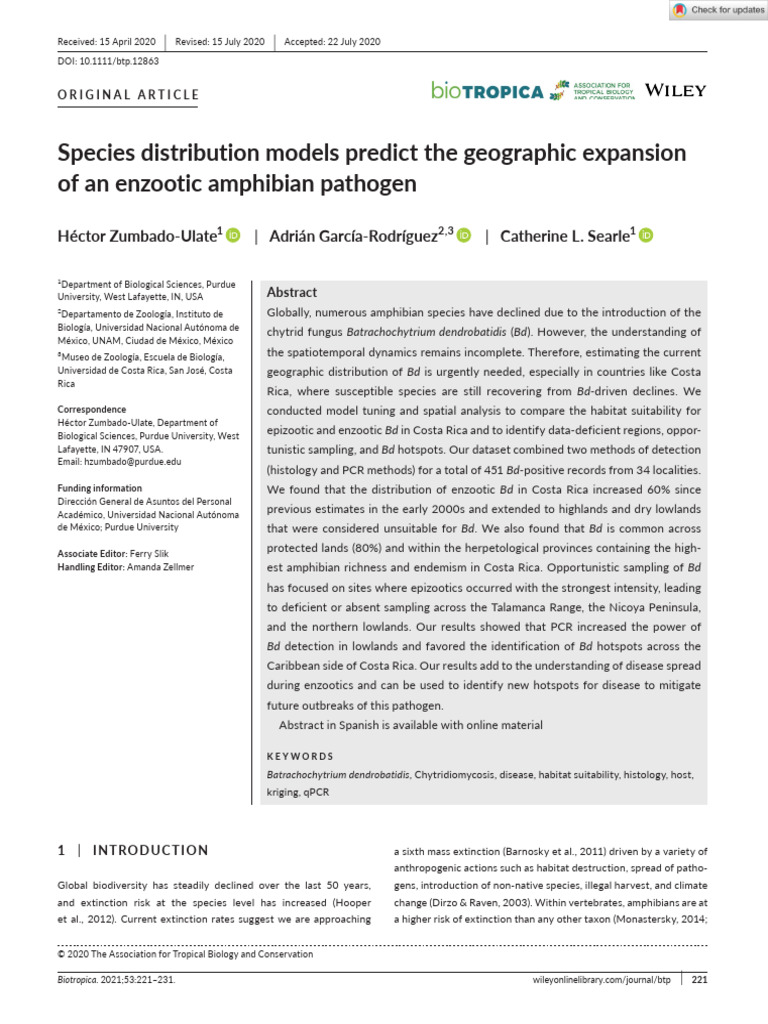 Biotropica - 2020 - Zumbado Ulate - Species Distribution Models Predict The Geographic Expansion ...
