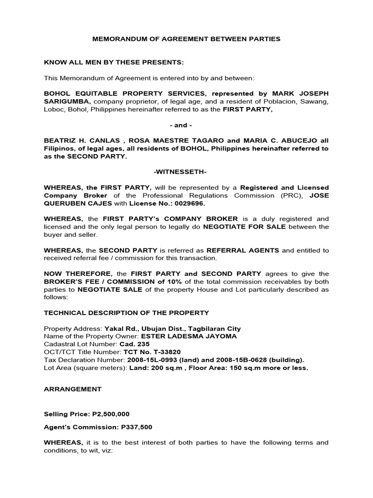 Memorandum of Agreement Between Parties | Download Free PDF | Private Law | Common Law