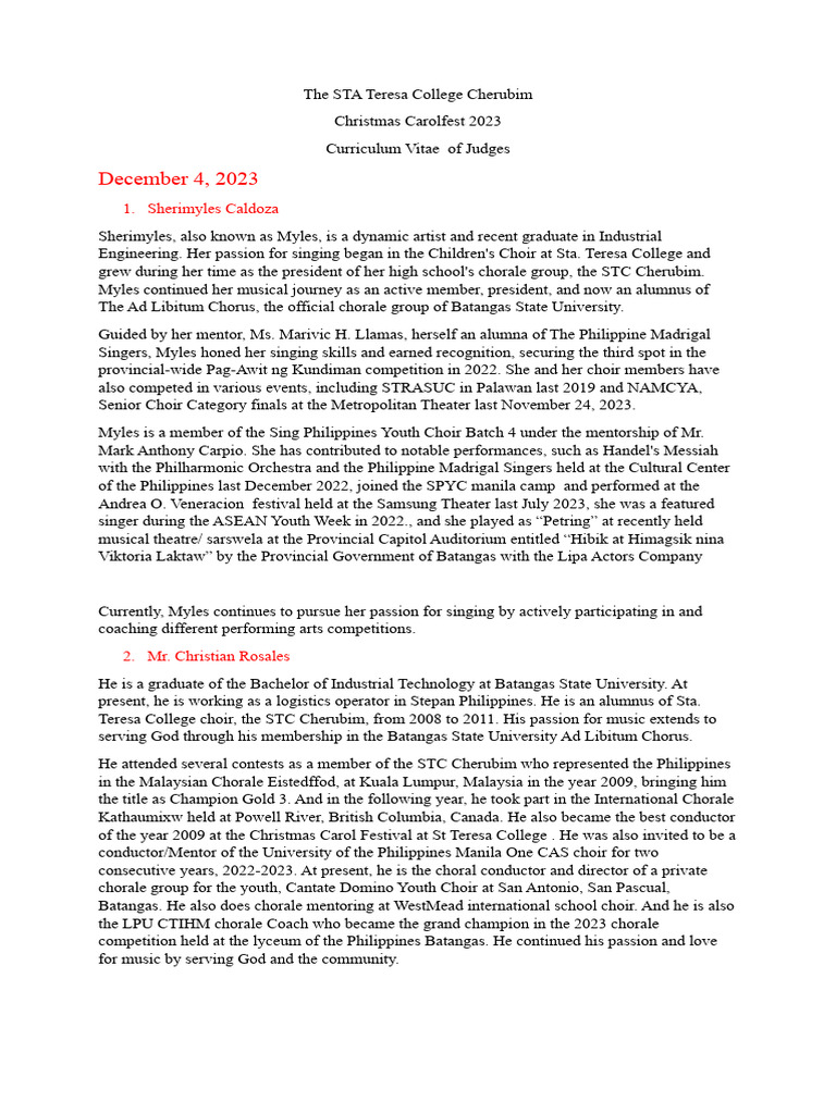 Judges' Profiles for Carolfest 2023 | PDF | Choir | Singing