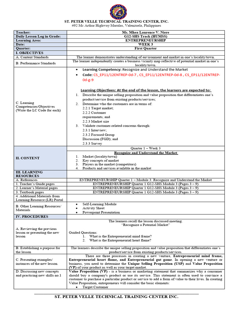 Entrep Lesson 3 DLL | PDF | Entrepreneurship | Learning
