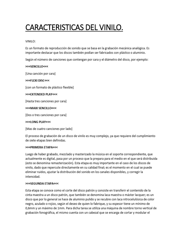 Caracteristicas Del Vinilo | PDF | Producción de sonido | Sonido