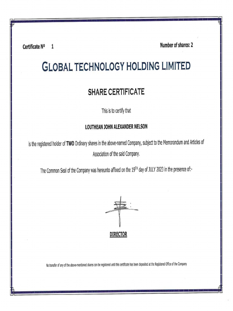 GTH Share Certificate No 1v2 | PDF