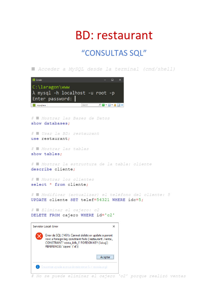 BD Restaurant - Consultas SQL - 27-Nov | PDF | SQL | Recuperación de información
