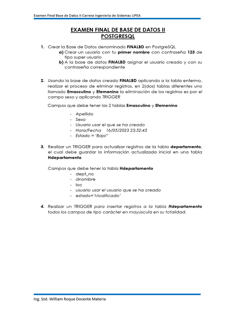 Examen Final PostgreSQL UPEA | PDF