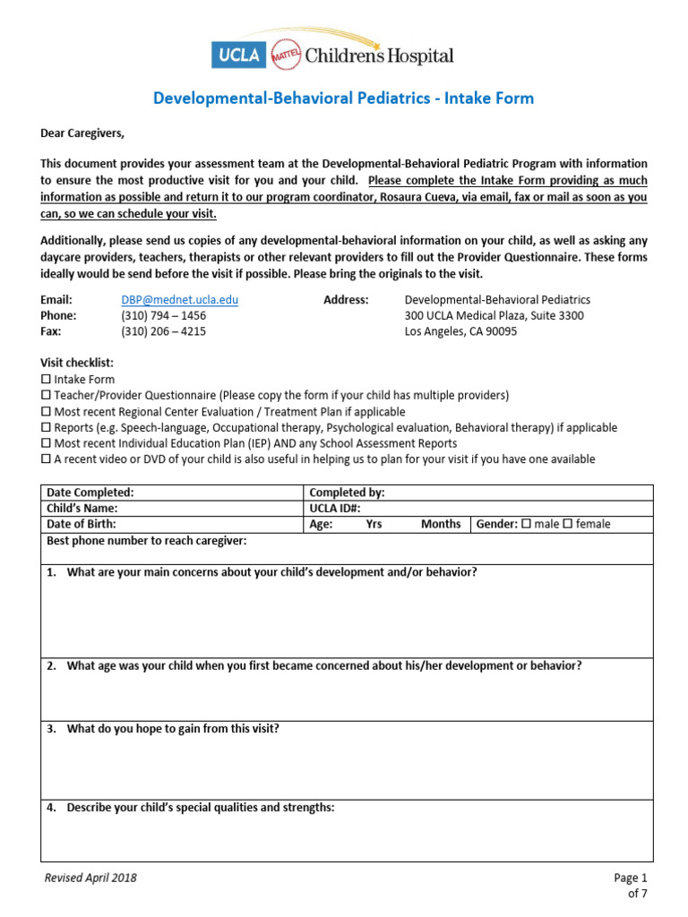 Intake Form Childless 5 Yo | Download Free PDF | Mental Disorder ...