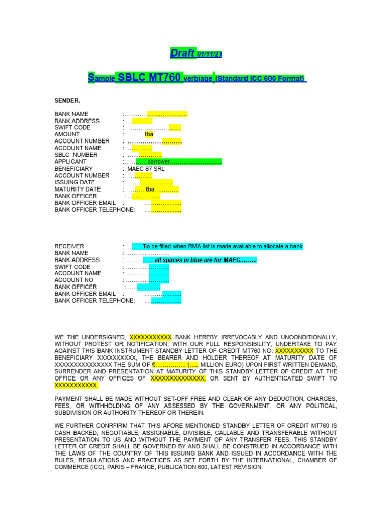 SBLC MT760 Draft Template | PDF | Letter Of Credit | Financial Services
