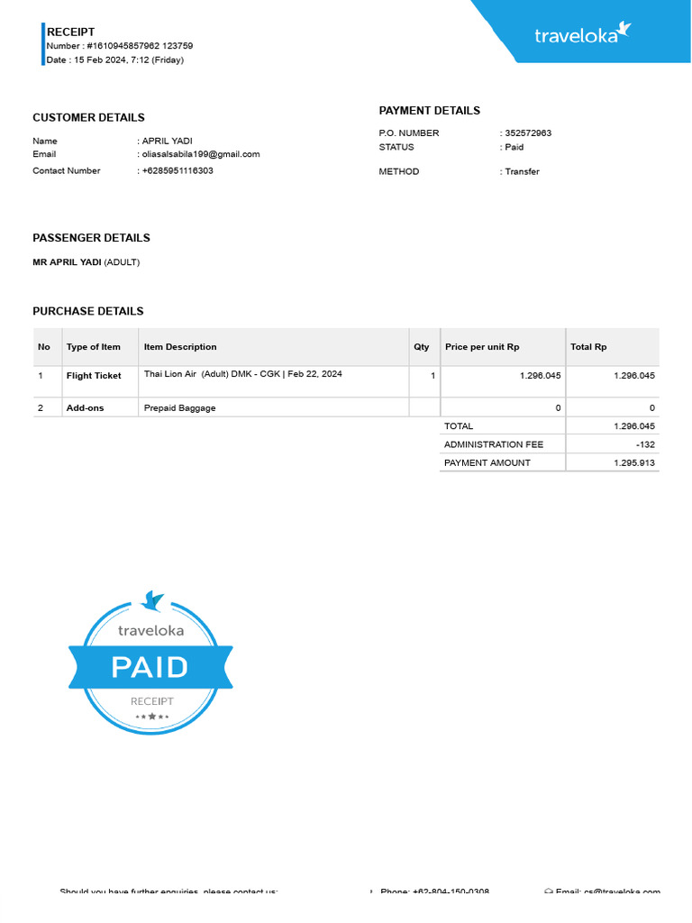 Receipt Tiket Pesawat Traveloka | PDF