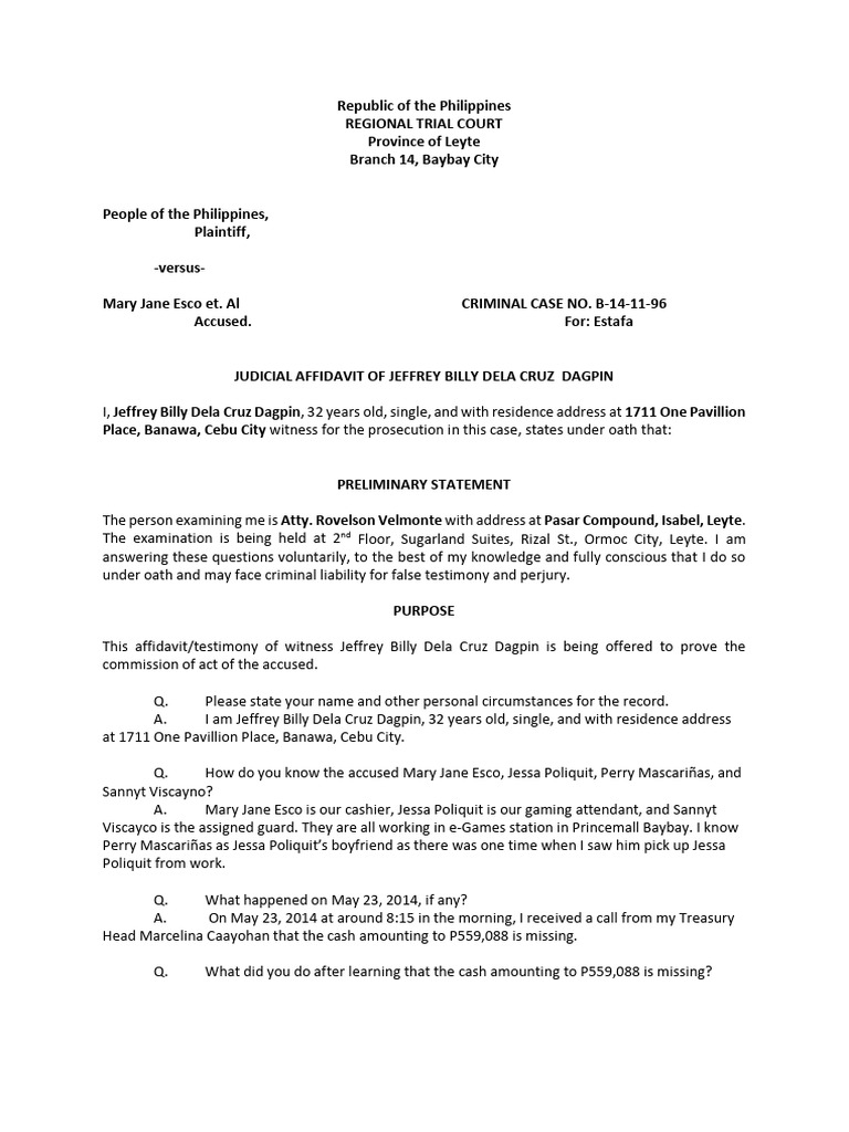 Estafa Case Affidavit by Jeffrey Dagpin | PDF | Perjury | Affidavit