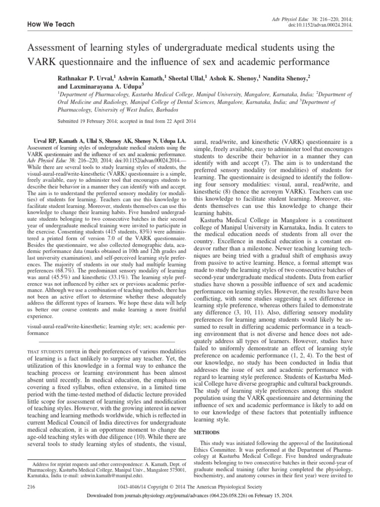 Urval Et Al 2014 Assessment of Learning Styles of Undergraduate Medical ...