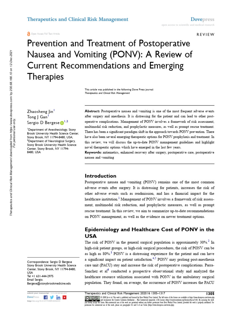 Prevention and Treatment of Postoperative Nausea and Vomiting (PONV ...