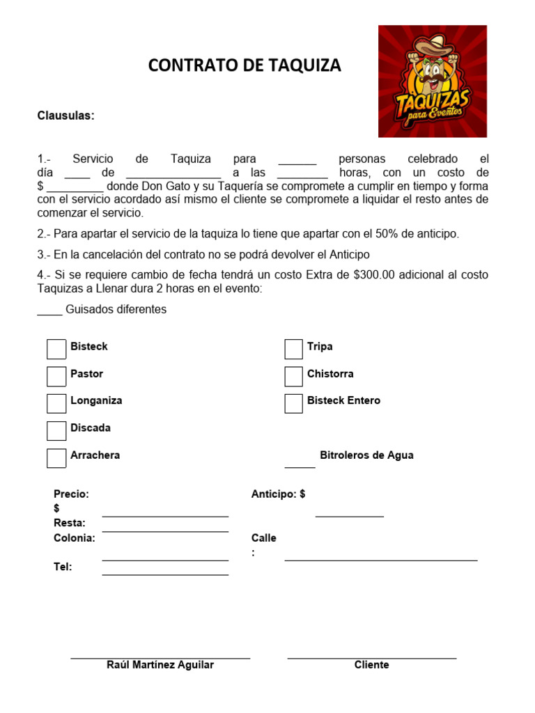 Contrato de Taquiza para Eventos | PDF
