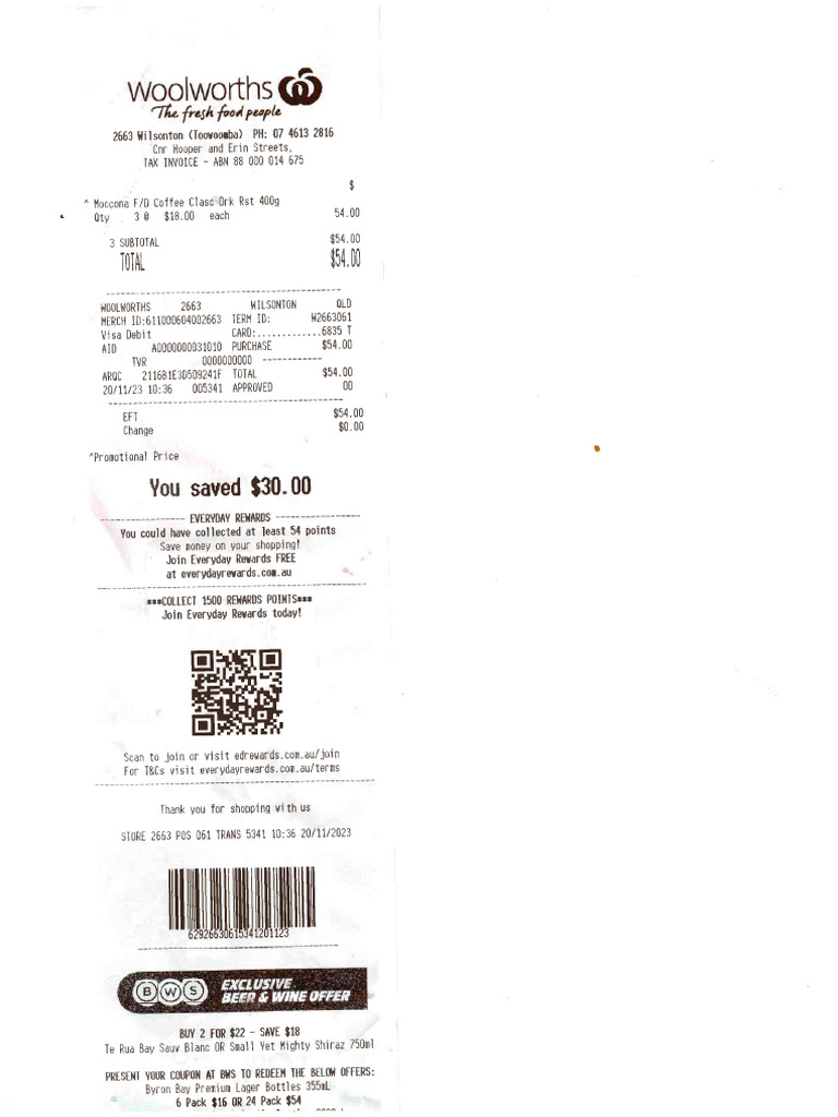 23 11 20 Woolworths Coffee Receipt | PDF