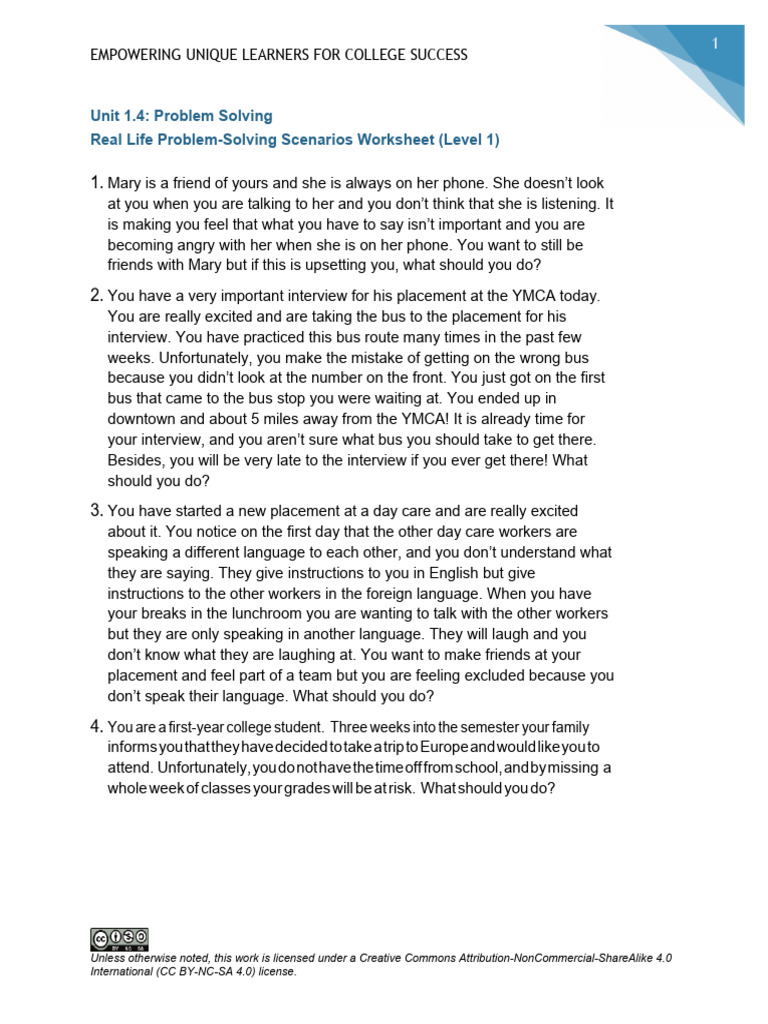 Unit 1.4 Real Life Problem Solving Scenarios Worksheet Level 1 | PDF ...