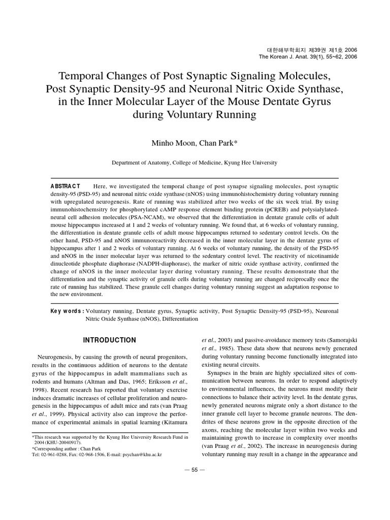 Temporal Changes of Post Synaptic Signaling Molecules, Post Synaptic Density-95 and Neuronal ...