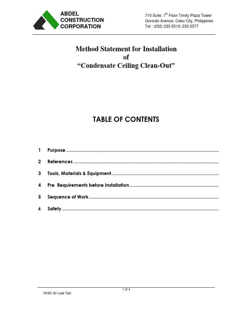 Method Statement For Installation of Condensate Ceiling Clean-Out | PDF ...
