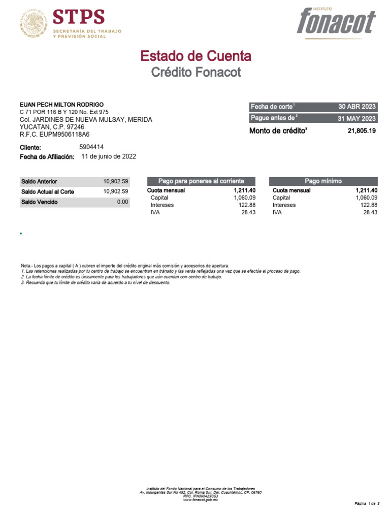 Estado de Cuenta: Crédito Fonacot | PDF | Comercio | Servicios financieros