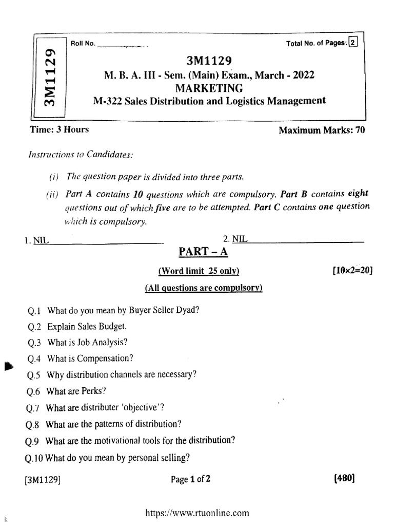 Mba 3 Sem Marketing Sales Distribution And Logistics Management 3m1129
