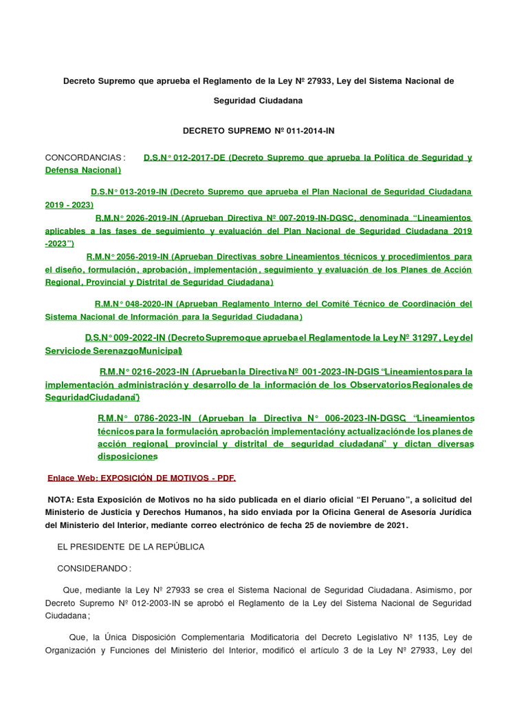 Reglamento de La Ley N. ° 27933, Ley Del SINASEC | PDF | Ministerio ...