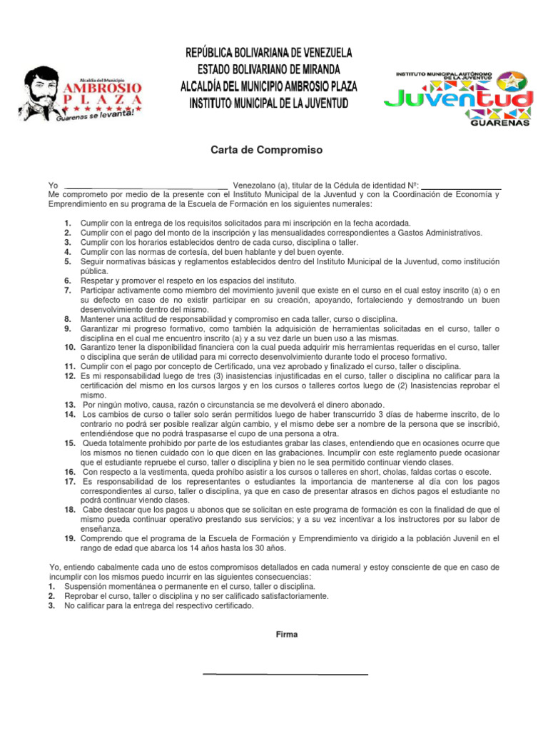 Carta de Compromiso Inscripcion. 25-09-2023 | Descargar gratis PDF | Disciplinas