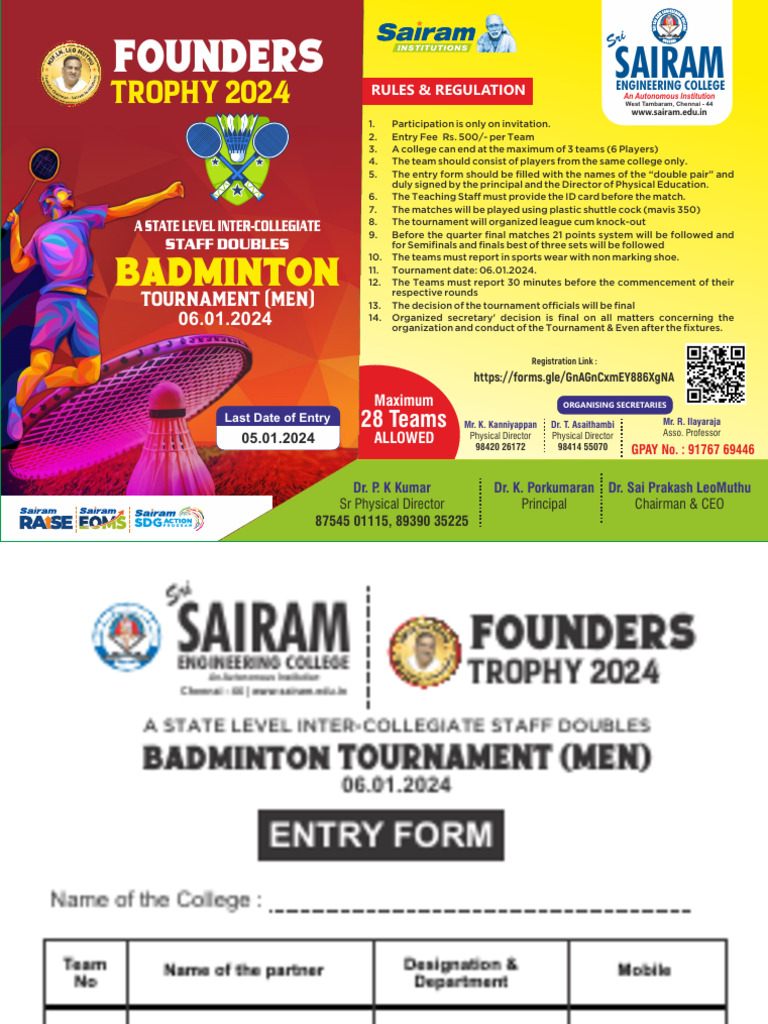 State Level Staff Doubles Badminton Tournament 2024 | PDF