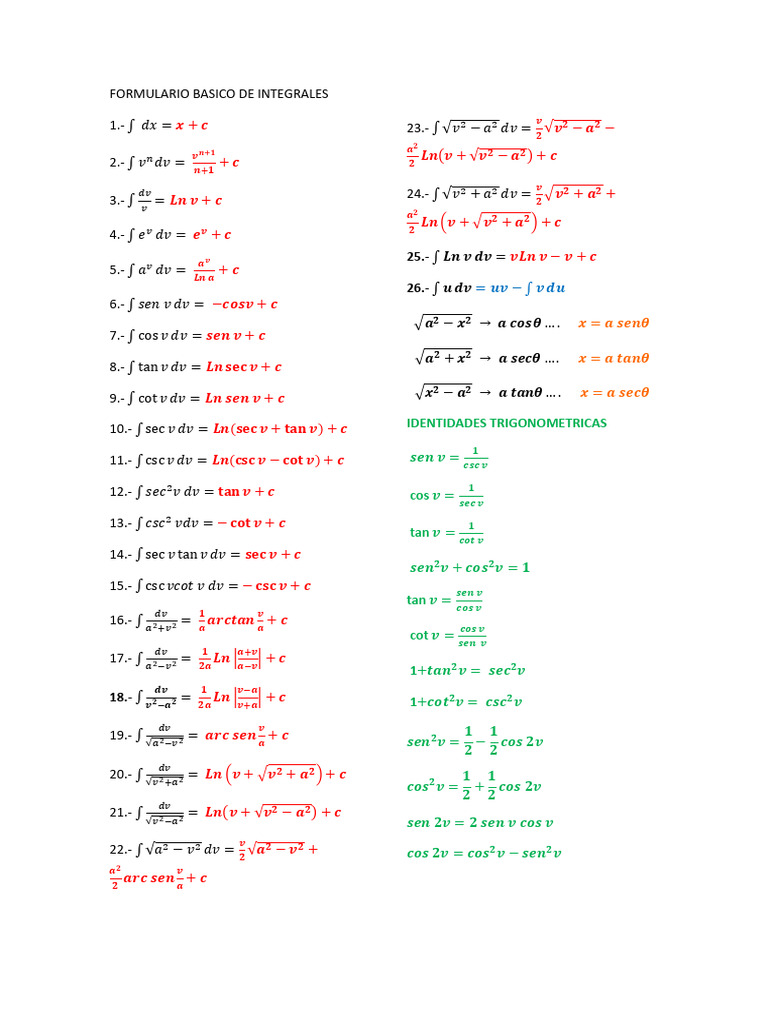 Formulario Basico de Integrales | PDF | Teaching Methods & Materials