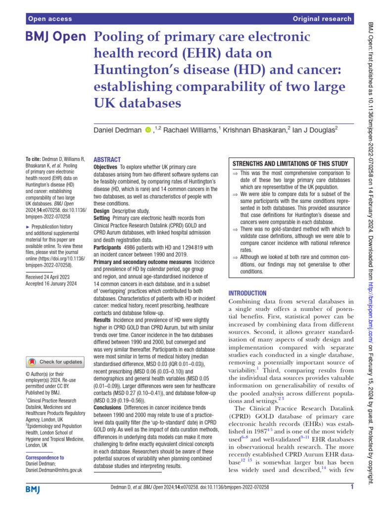 Pooling of Primary Care Electronic Health Record (EHR) Data On ...